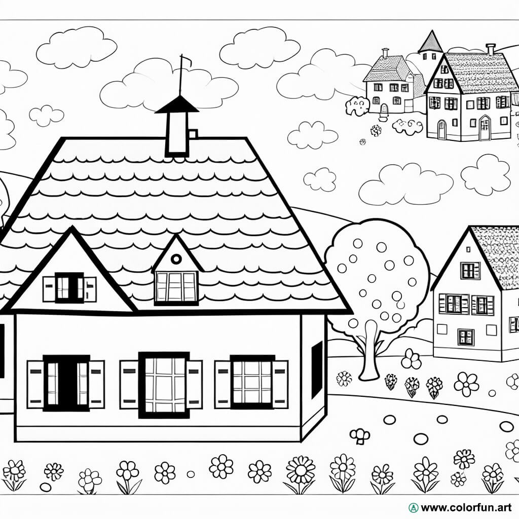 Disegno da colorare di una casa in un villaggio. Scarica o Stampa ...
