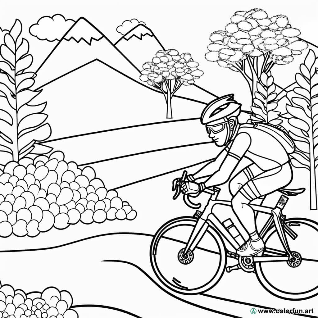 Disegno da colorare di un ciclista sulla strada di montagna Scarica o ...