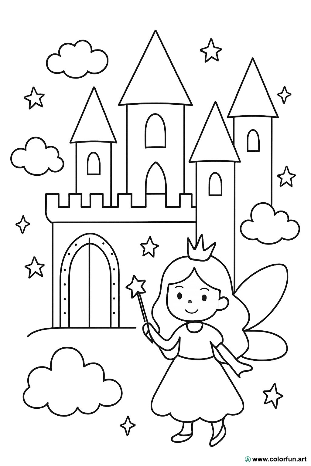 Disegno da colorare di un castello delle principesse con una fata ...