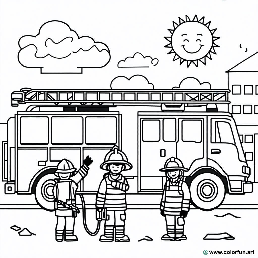 Disegno da colorare del camion dei pompieri e dei suoi eroi Scarica o ...