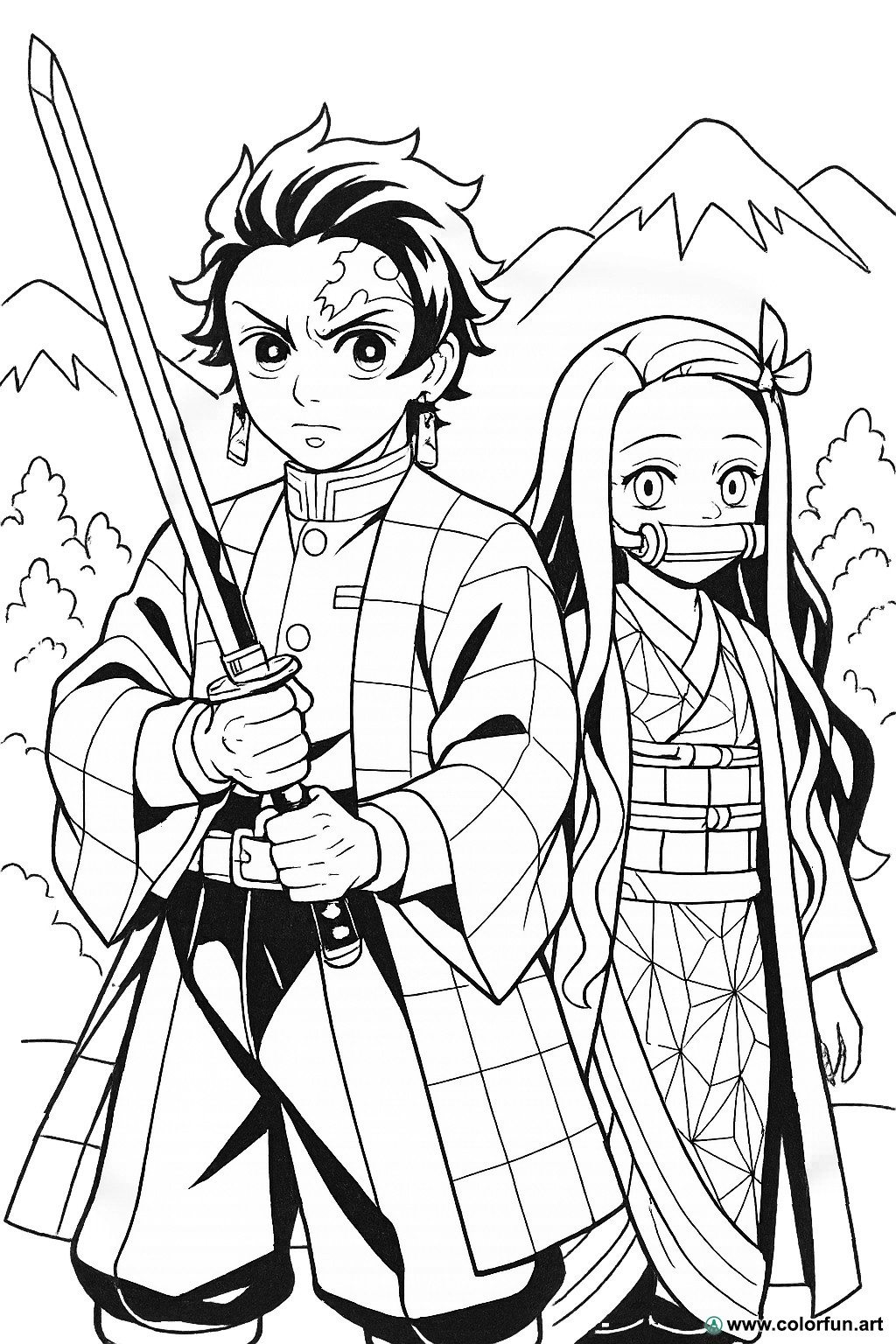 Disegno da colorare di Tanjiro e Nezuko in Demon Slayer Scarica o ...